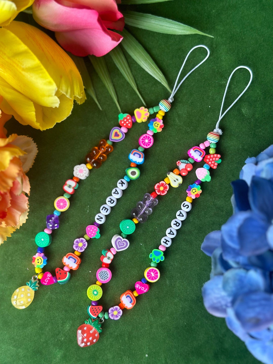 Custom Name Beaded Phone Strap, Trendy Fruit Cell Phone Charm, 90s ...