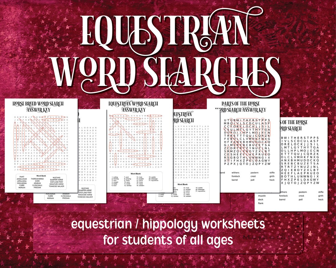 Horse Word Search Worksheets, Equestrian Printable Worksheet for Horse ...
