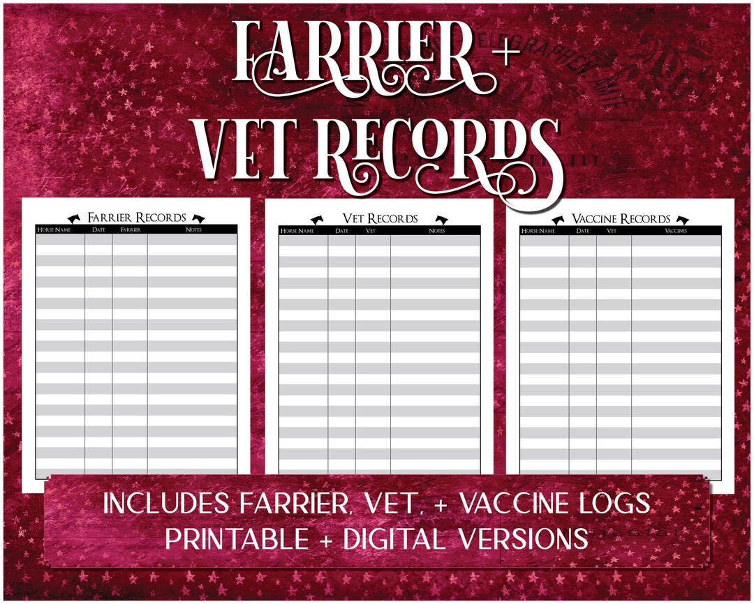 Horse Farrier and Vet Records Printable, Equestrian Barn Log for ...