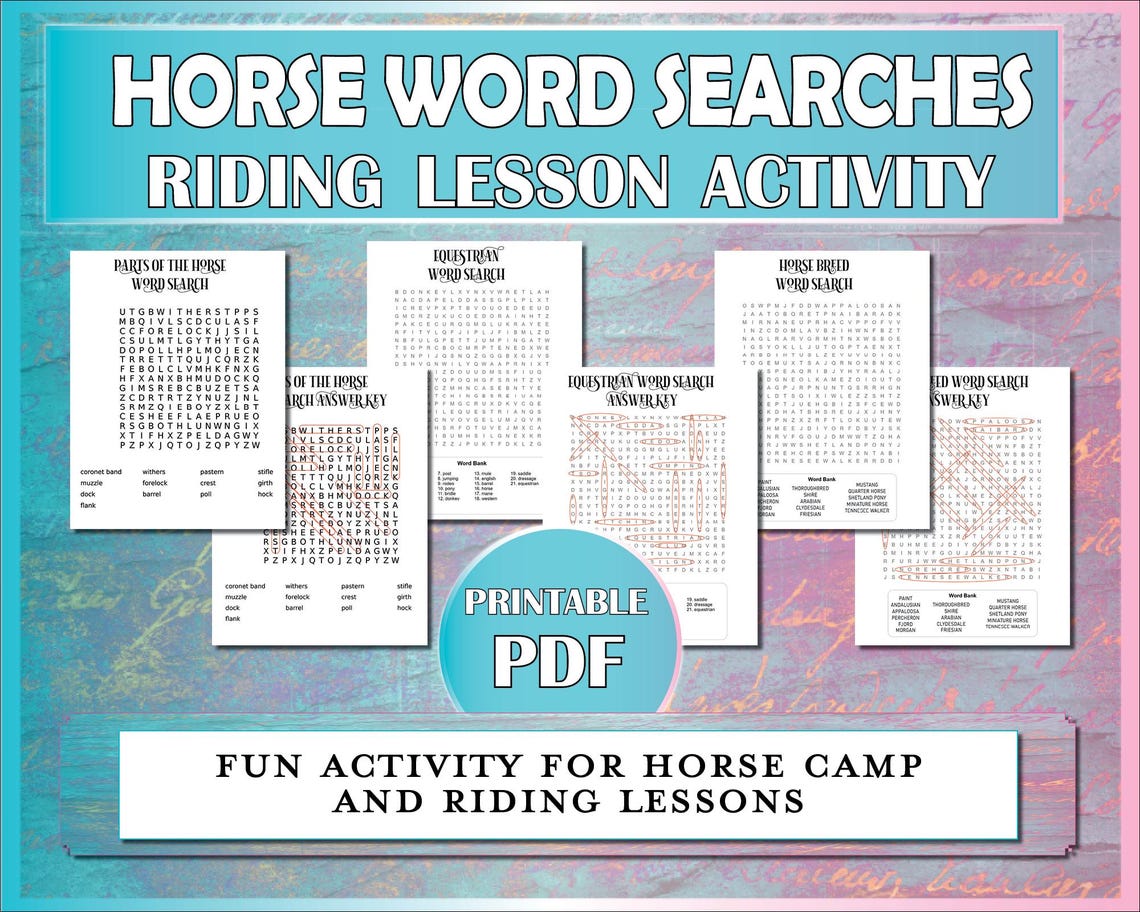 Horse Word Search Worksheets, Equestrian Printable Worksheet for Horse ...