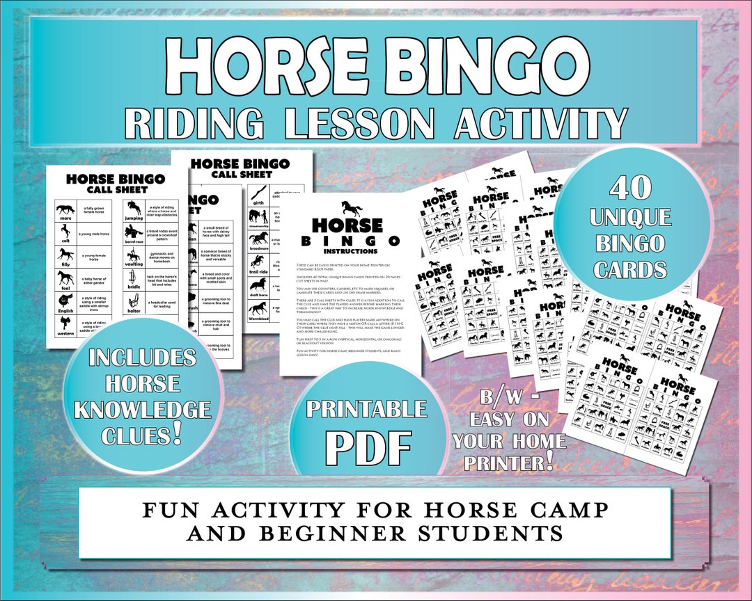 Horse Bingo Game Cards, Equestrian Printable Activity for Horse Camp ...
