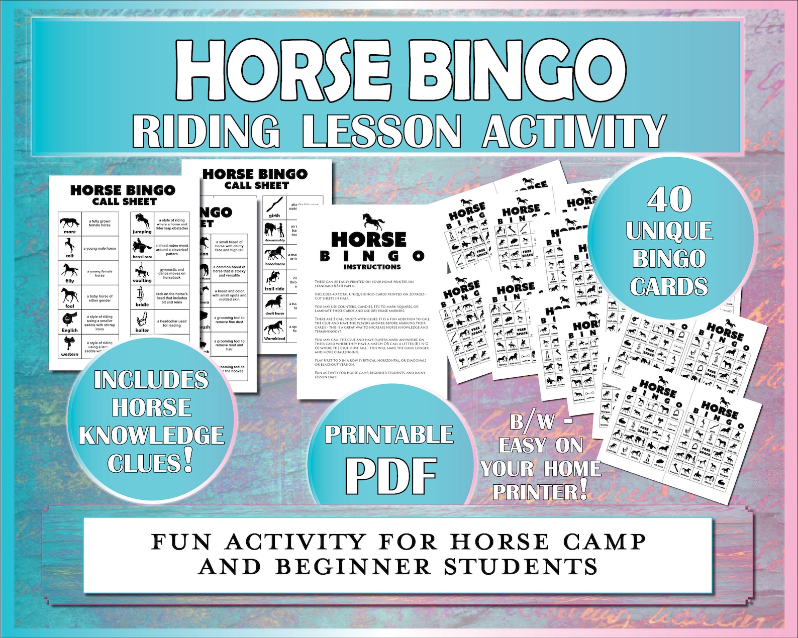 Horse Bingo Game Cards, Equestrian Printable Activity for Horse Camp ...