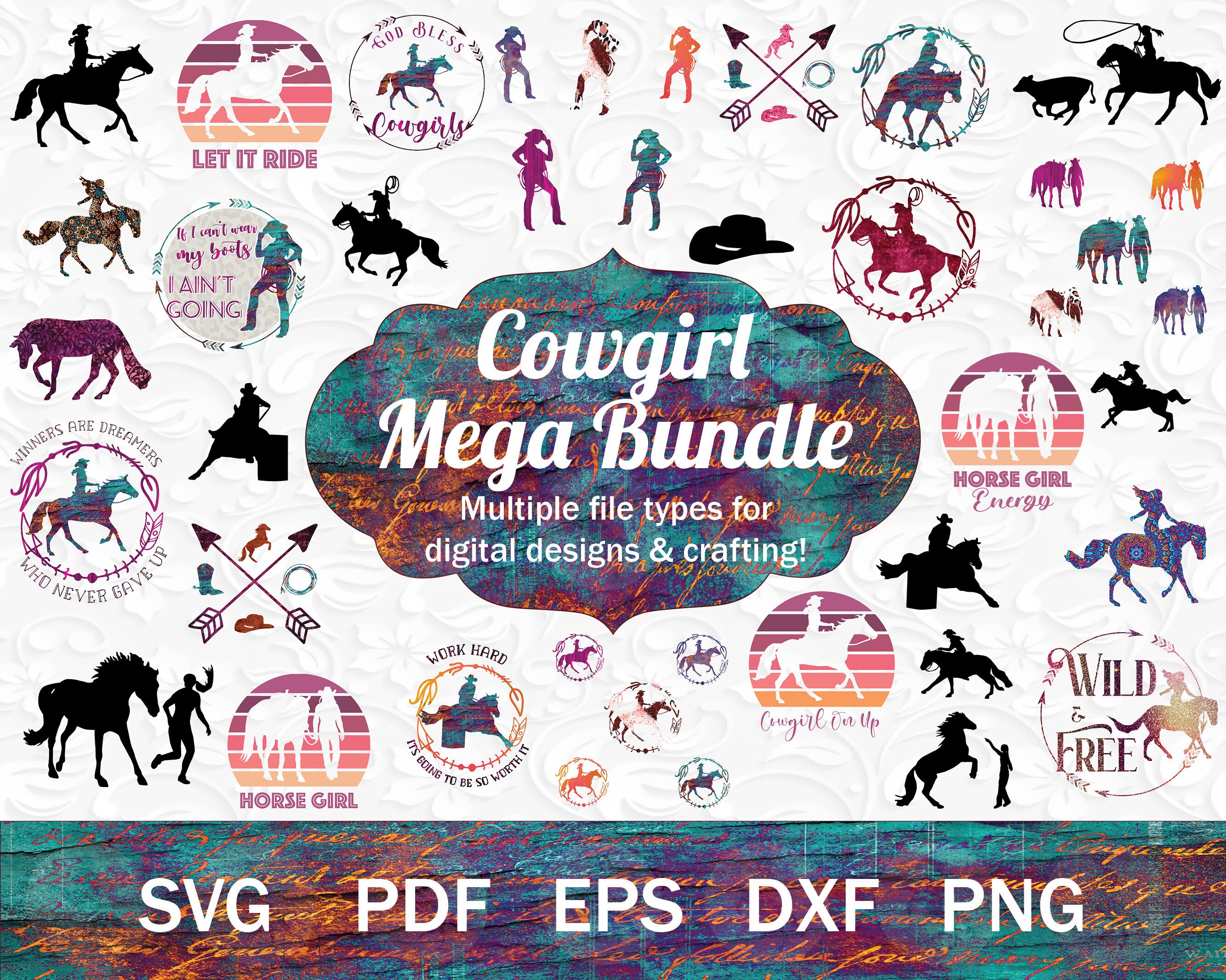 The Mega Cowgirl SVG PNG Bundle - 100+ Western Silhouettes, Horse Svg ...