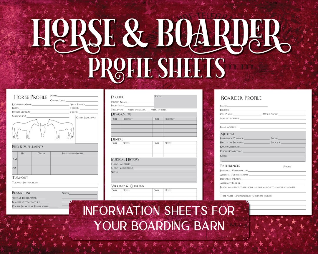 Boarder Horse Profile Printable, Equestrian Boarding Barn Info Sheets ...