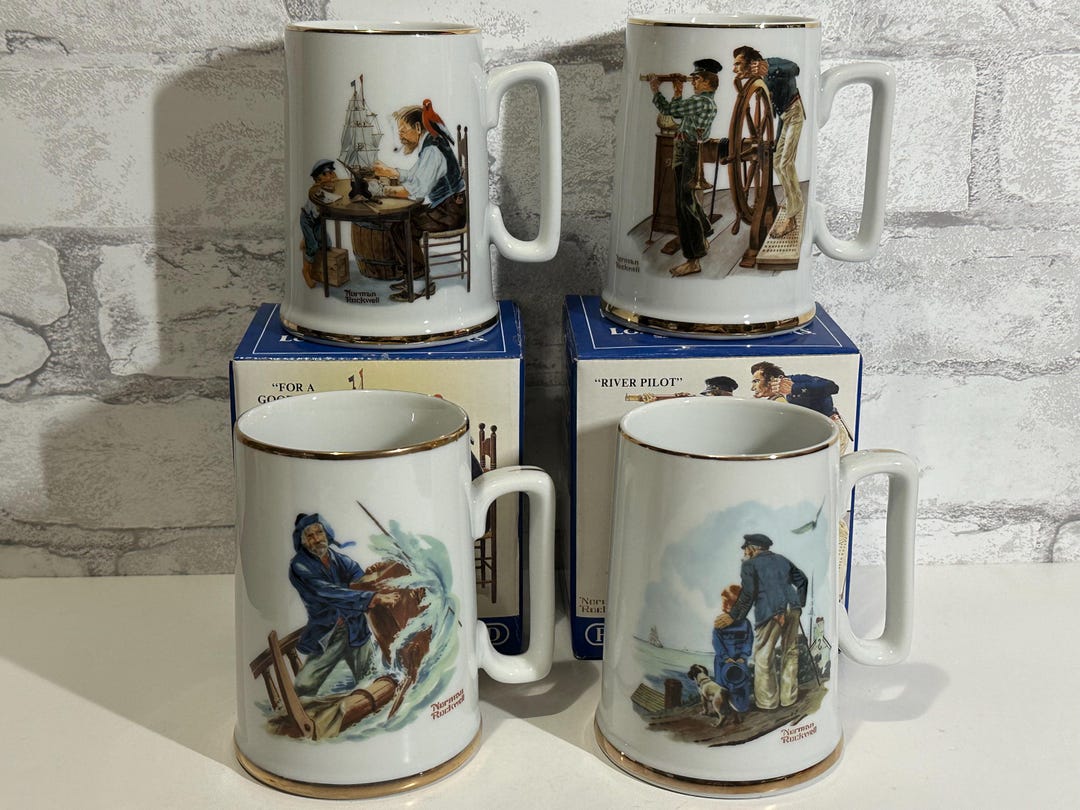 Long John Silvers Mug 1985 SET of FOUR Nautical Norman Rockwell ...