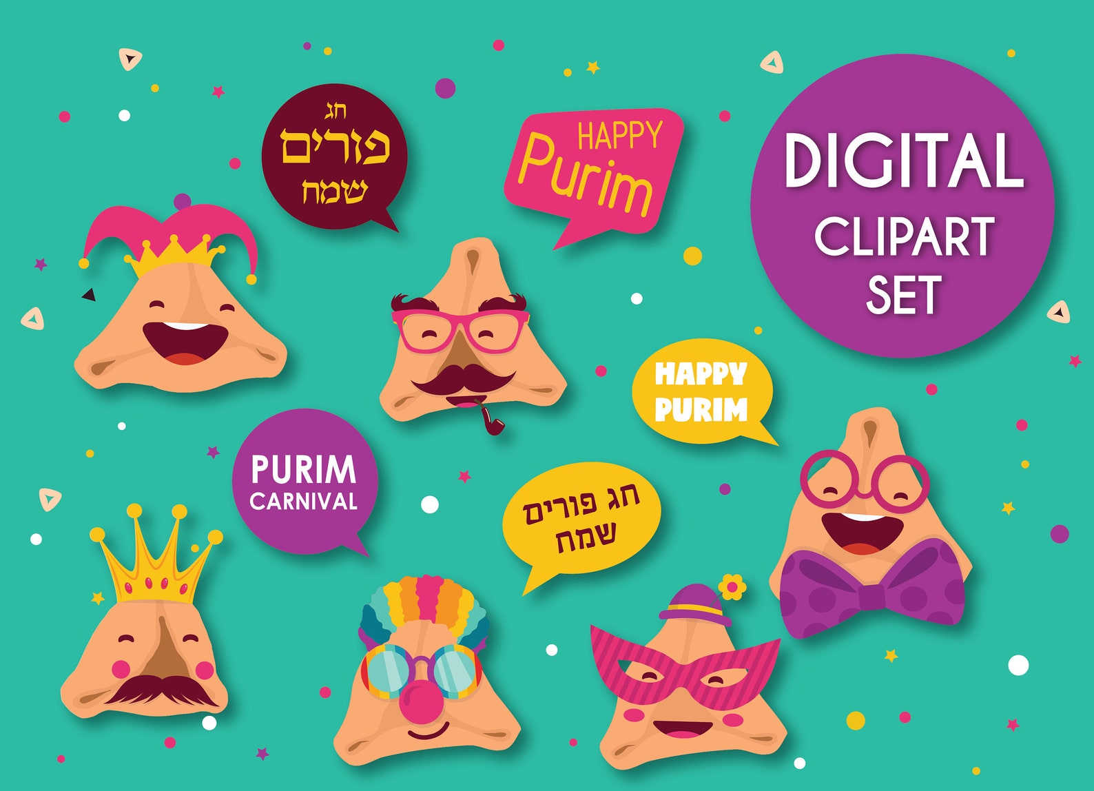 Purim Hamantaschen Clipart Set, Purim Stickers, Purim Greeting Card ...