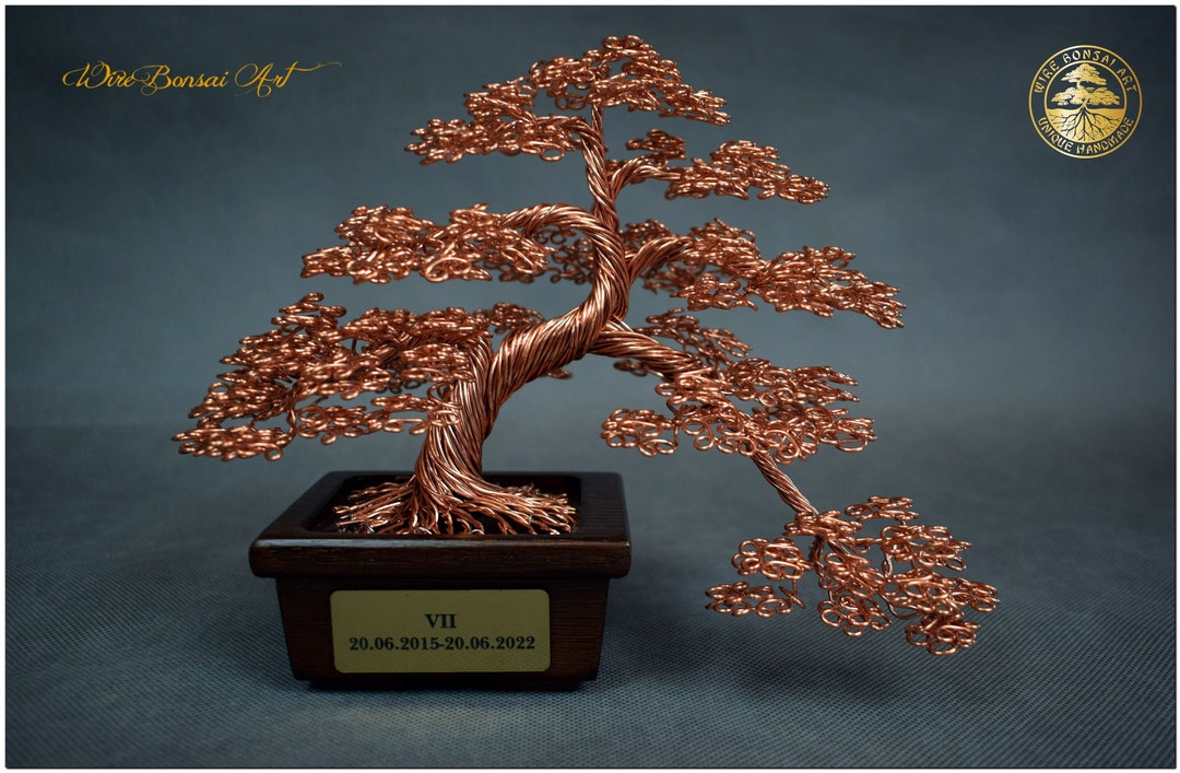 Copper Wire Bonsai Tree in an Oak Pot | 7th Anniversary | Engraved ...