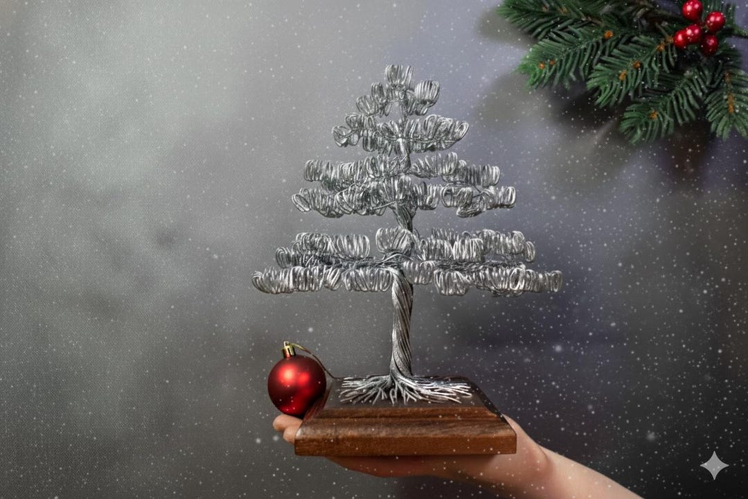 Handmade Wire Bonsai Tree Sculpture: Engraved Wooden Base Unique ...