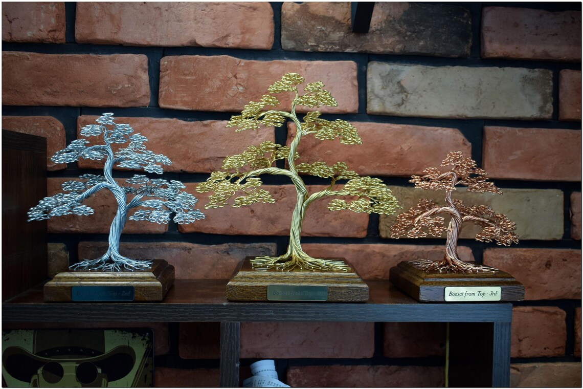 Handmade Wire Bonsai Tree Award Set: Oak Base, Engraved Plate - Etsy