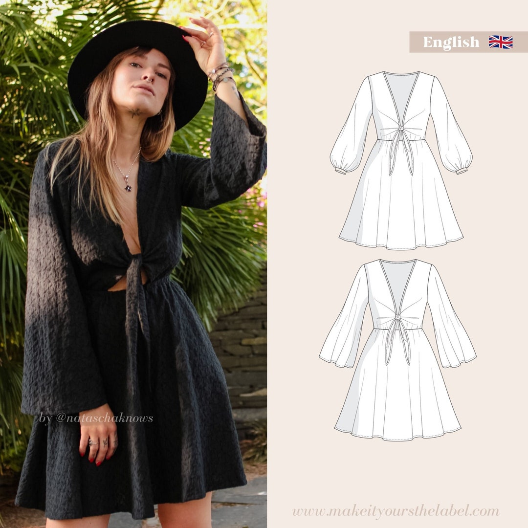 Flowy Front Tie Dress With Puffy Balloon Sleeves PDF Sewing Pattern in ...