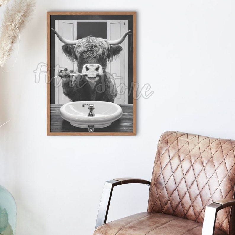 Funny Highland Cow Wall Art, Highland Cow Brushing Teeth, Cow in ...