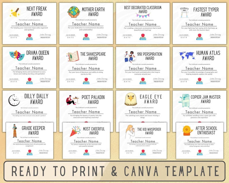 Funny Editable Teacher Awards Certificates, Canva Template, Teacher ...