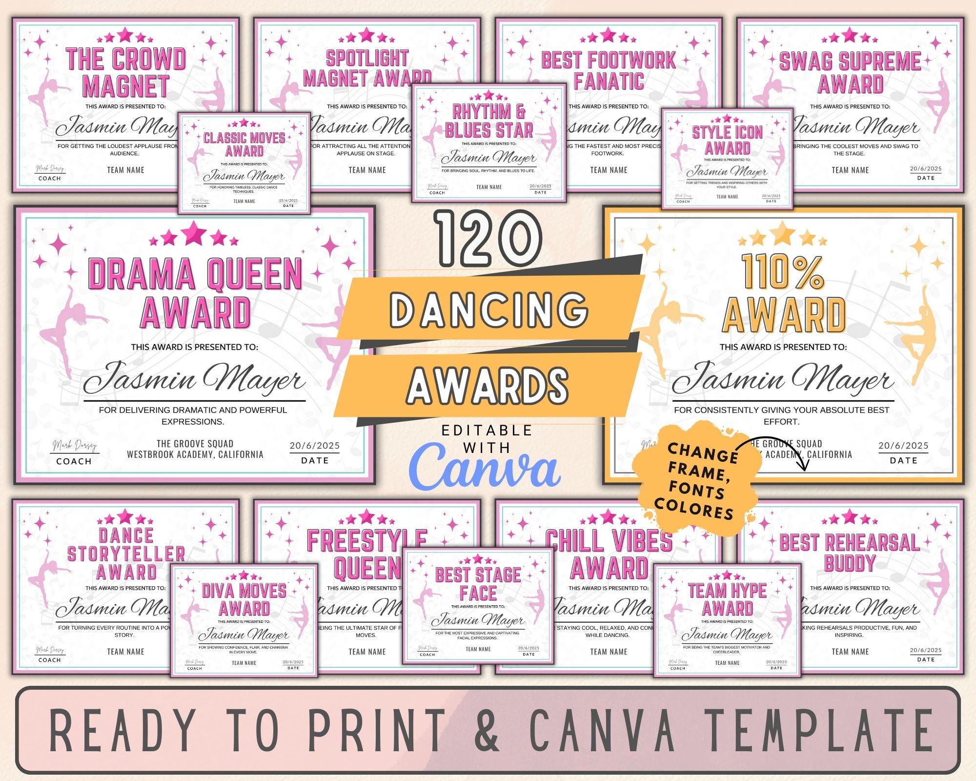 Editable Dancing Awards Certificates, Canva Template, Dancing Awards ...