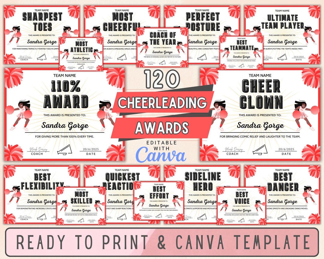 Editable Cheerleading Awards Certificates, Canva Template, Cheerleader ...
