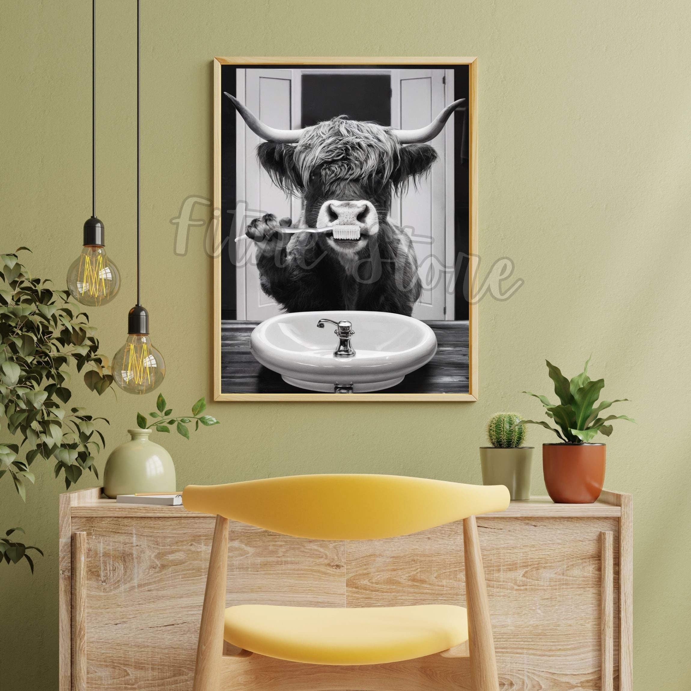 Funny Highland Cow Wall Art, Highland Cow Brushing Teeth, Cow in ...