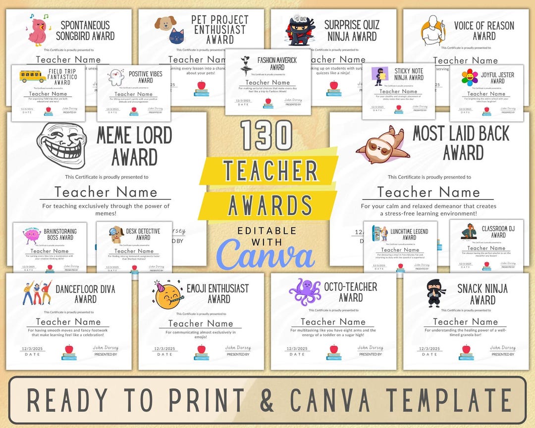 Funny Editable Teacher Awards Certificates, Canva Template, Teacher ...
