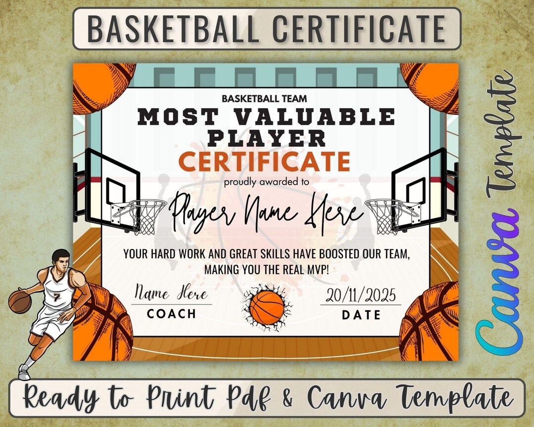 Most Valuable Player Basketball Award, Canva Template, Editable ...