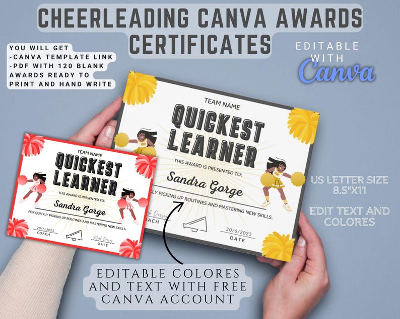 120 Editable Cheerleading Awards Certificates, Canva Template ...