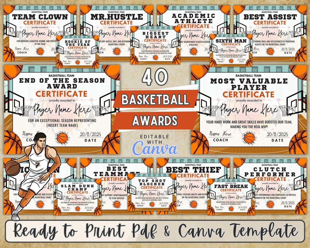 40 Basketball Awards, Canva Template, Editable Basketball Award ...