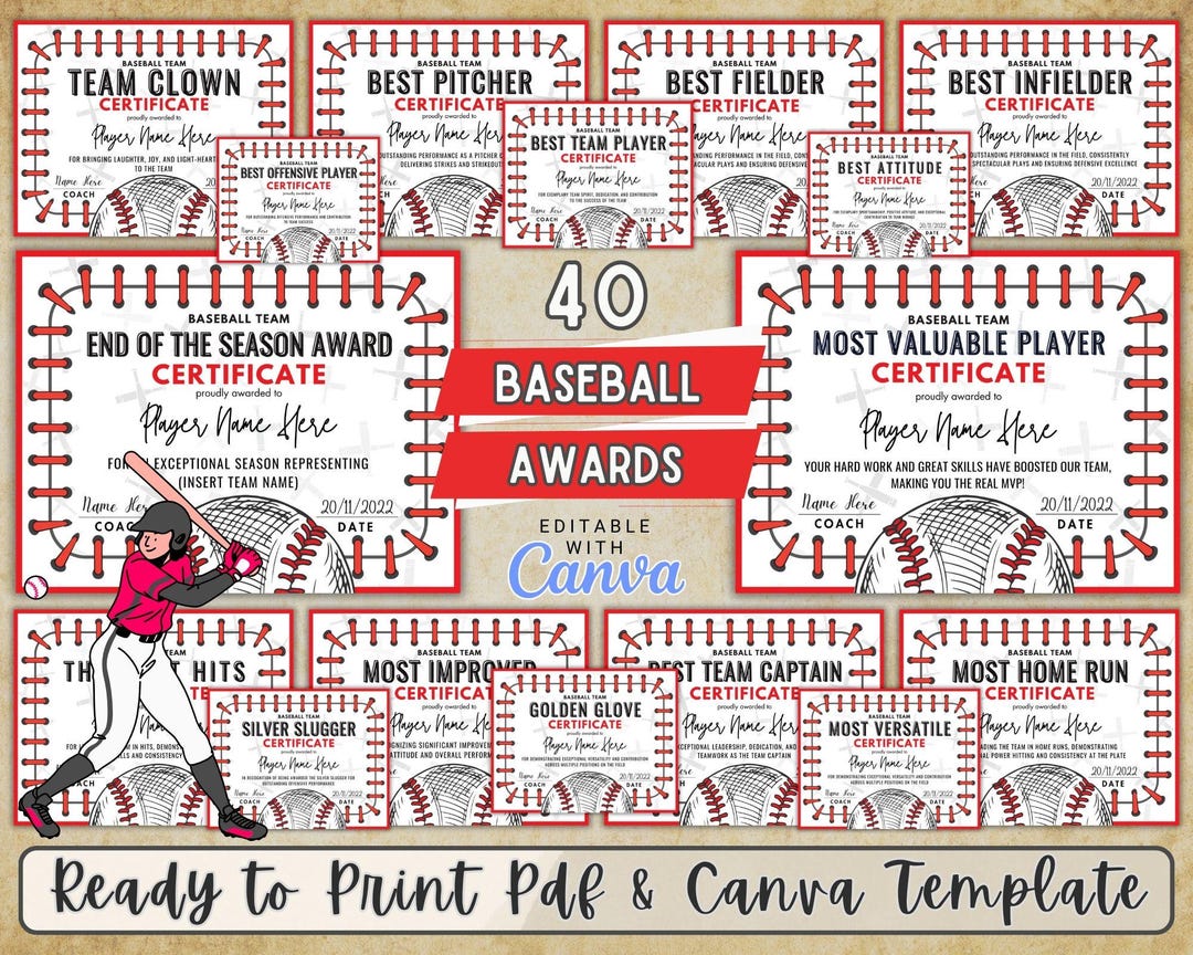 40 Baseball Awards, Editable Baseball Award Certificate, Canva Template ...