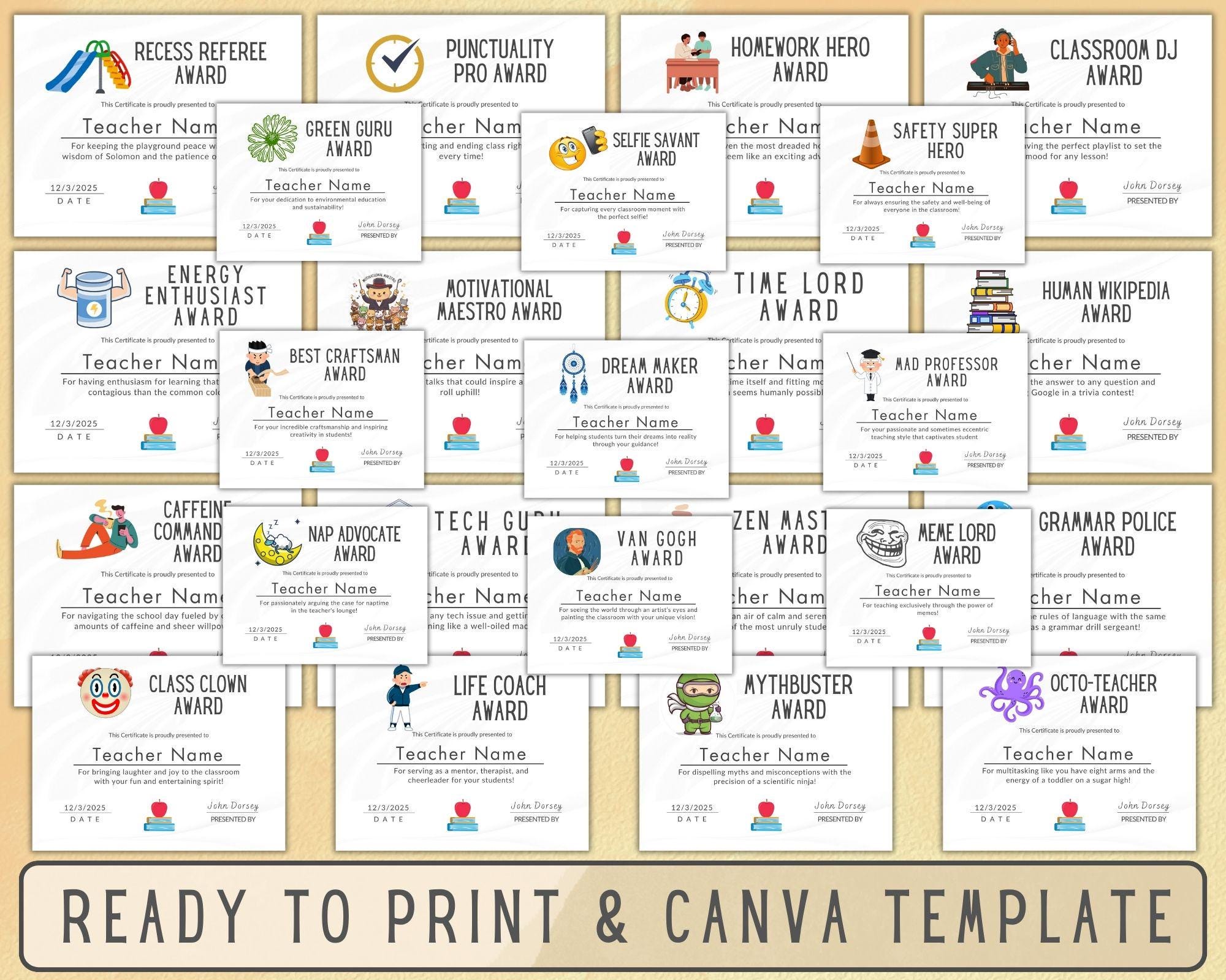 Funny Editable Teacher Awards Certificates, Canva Template, Teacher ...