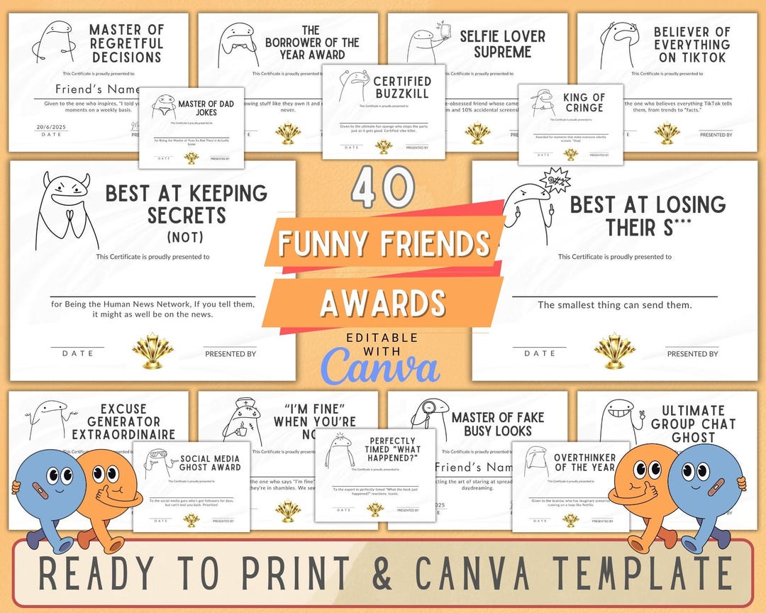 40 Funny Editable Friends Awards Certificates, Christmas Gift, Canva ...