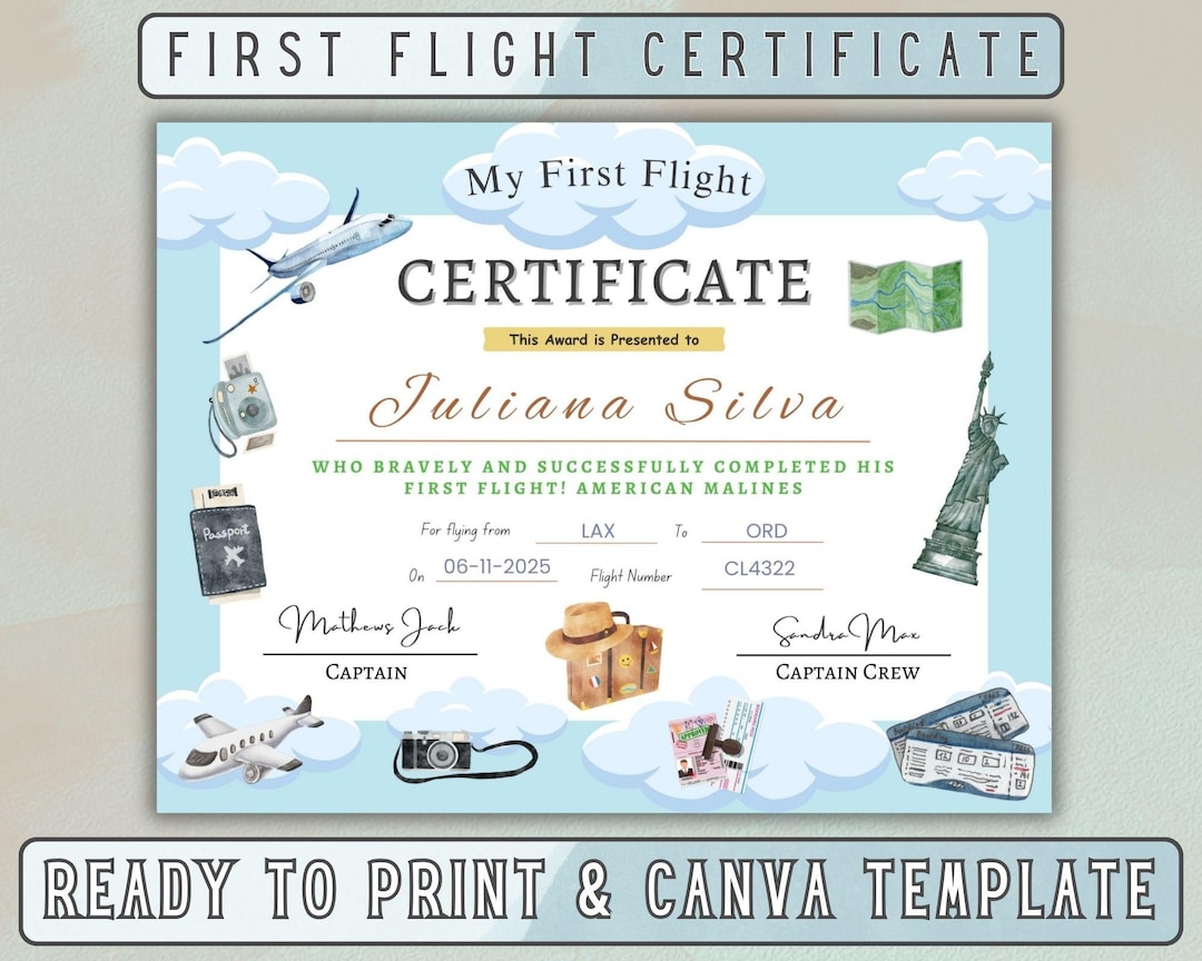 Canva First Flight Certificate for Kids, Toddler's Award, Canva ...