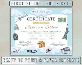First Flight Certificate for Kids, Toddler's First Flight Award, First ...