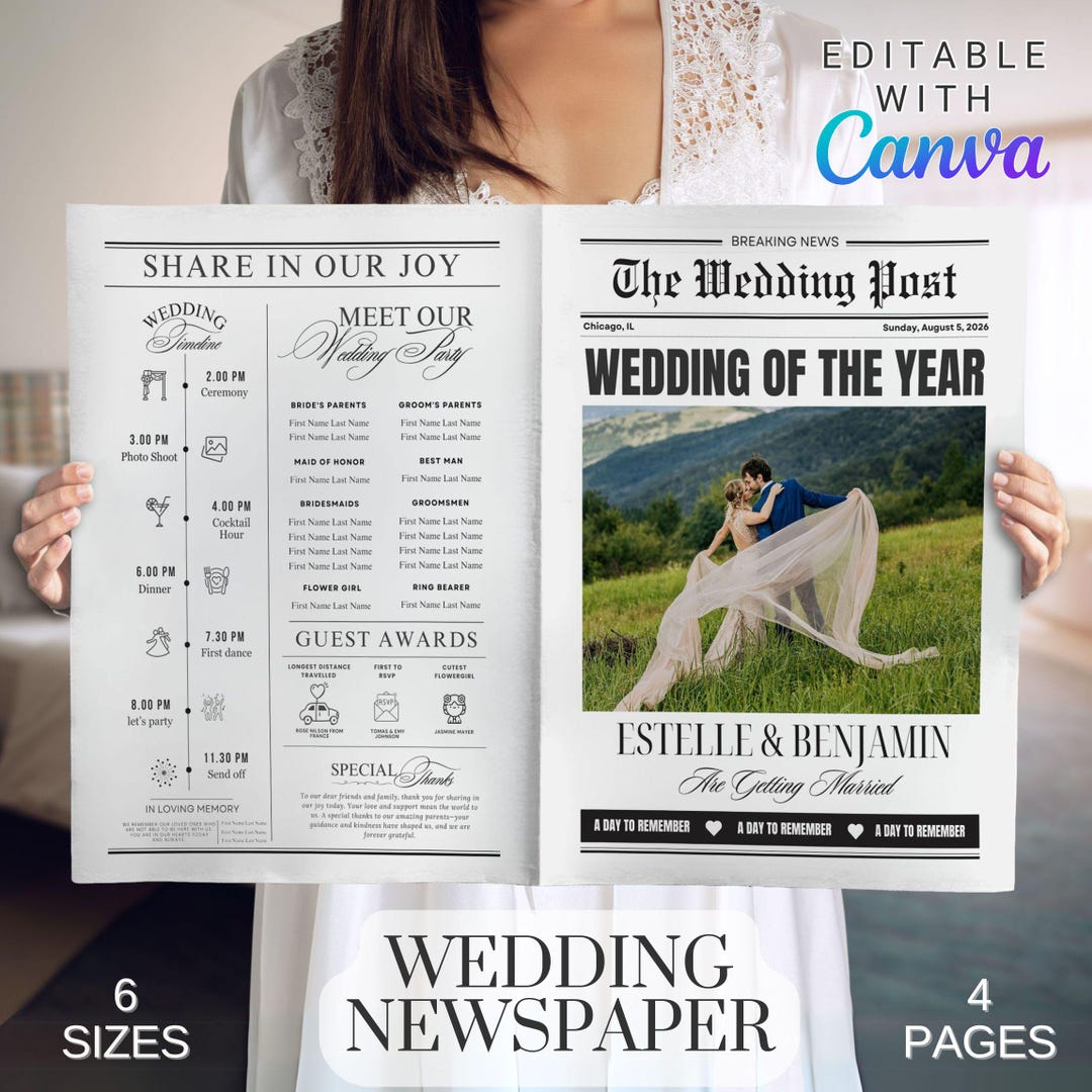 Editable Canva Wedding Newspaper Template, Newspaper Wedding Program ...