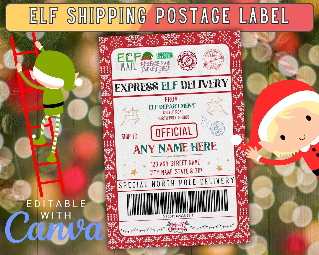 Editable Elf Shipping Postage Label Template, Canva Template,holiday ...
