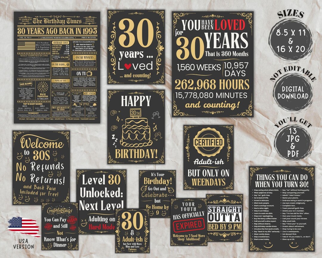 1995 Golden Birthday Bundle, Funny 30th Birthday Signs, in the Year ...