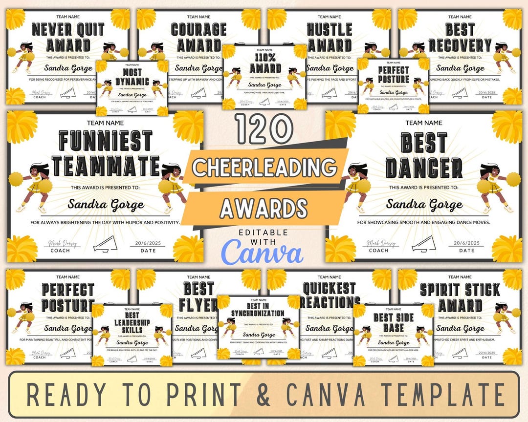 120 Editable Cheerleading Awards Certificates, Canva Template ...