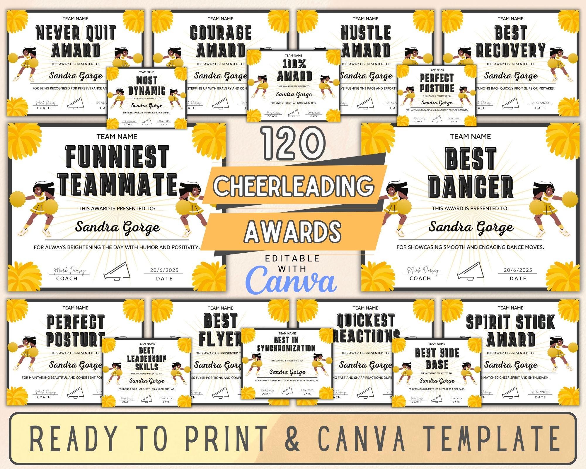 120 Editable Cheerleading Awards Certificates, Canva Template ...