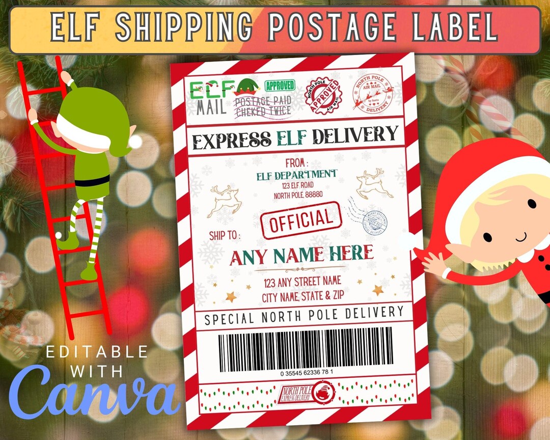 Editable Elf Shipping Postage Label Template, Canva Template,holiday ...