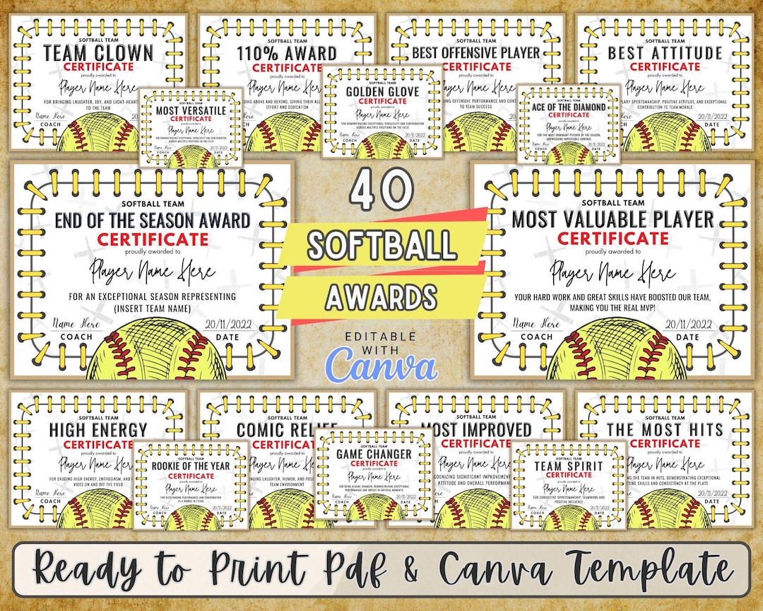 40 Softball Awards, Editable Softball Award Certificate, Canva Template ...