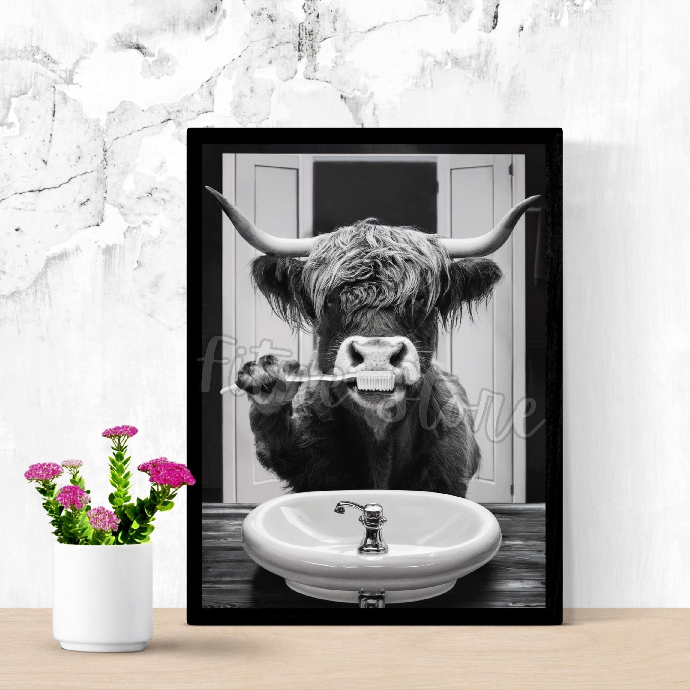 Funny Highland Cow Wall Art, Highland Cow Brushing Teeth, Cow in ...