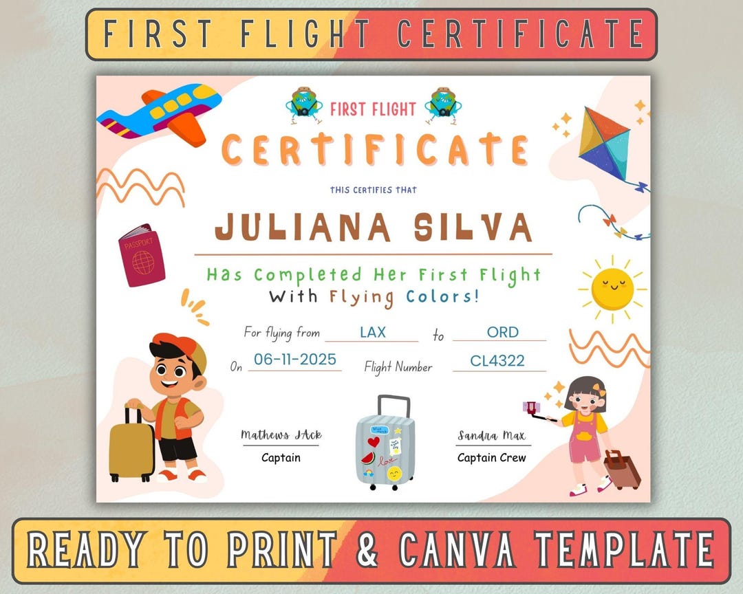 First Flight Certificate for Kids, Canva Template, First Vacation Gift ...