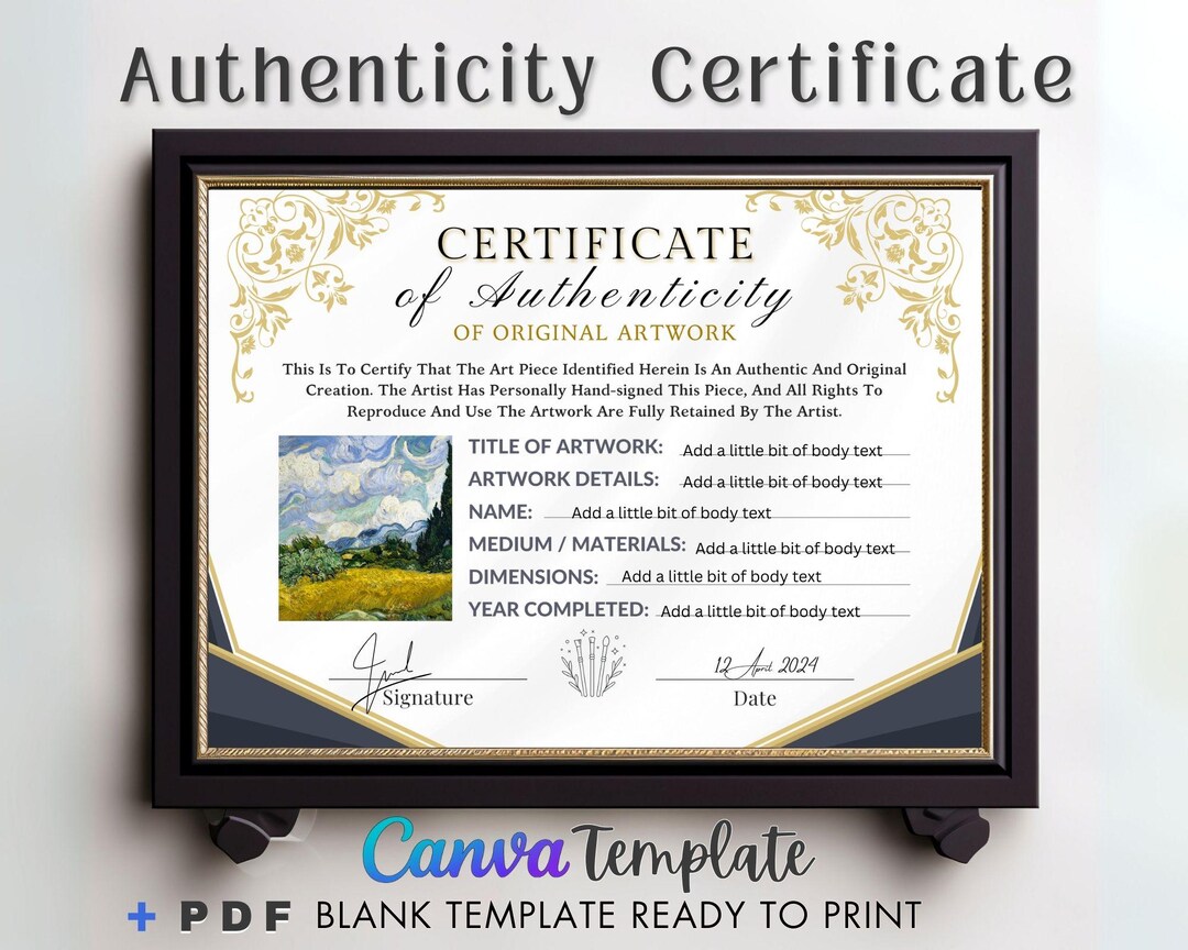 Editable Certificate of Authenticity for Artwork, Artist Certificate ...