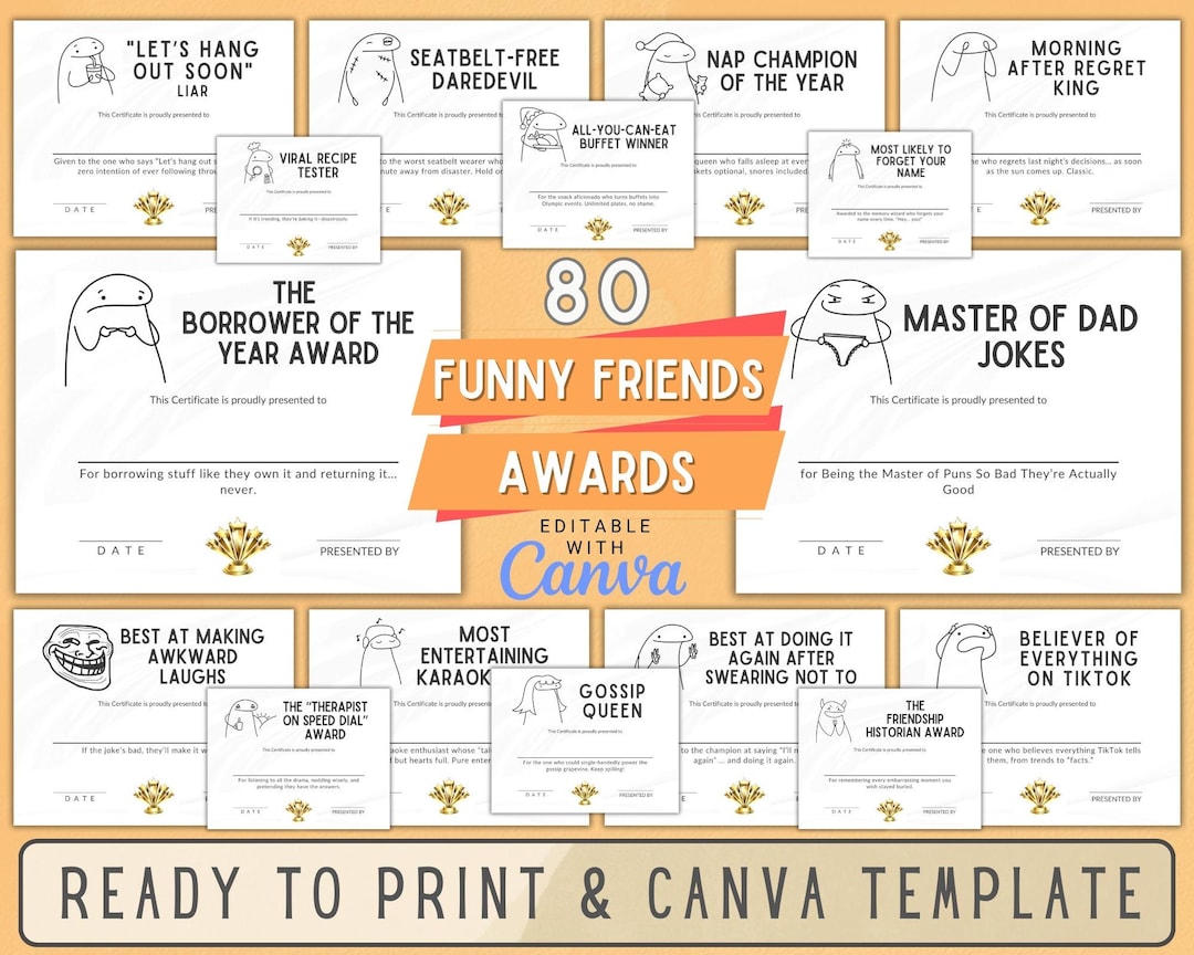 80 Funny Editable Friends Awards Certificates, Canva Template,christmas ...