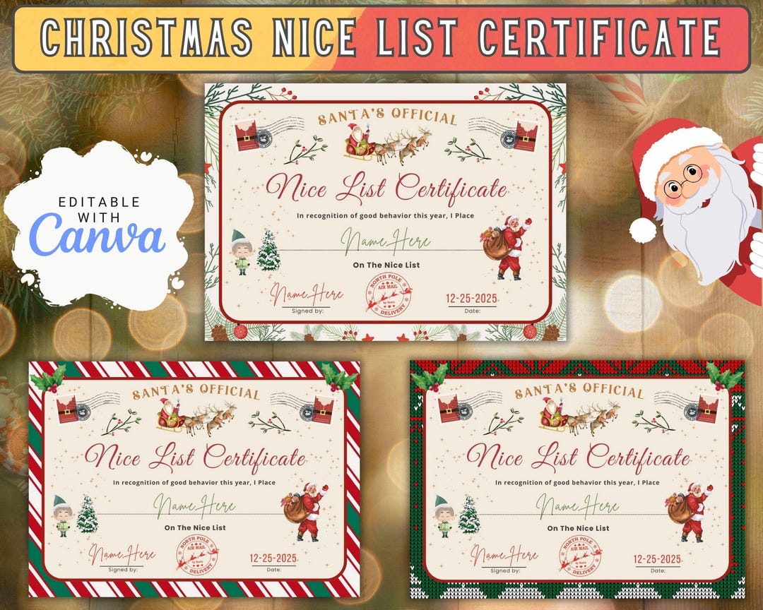 Editable Christmas Nice List Certificate, Canva Template, Holiday Gift ...