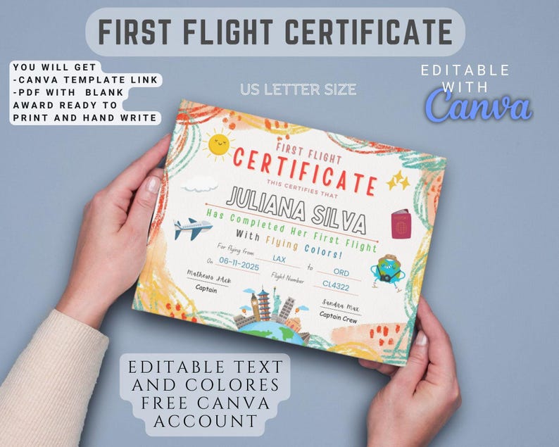First Flight Certificate for Kids, Canva Template, First Vacation Gift ...