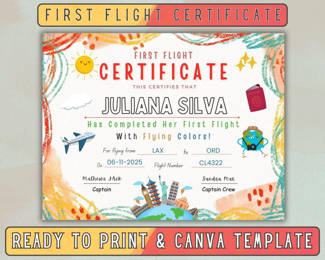 First Flight Certificate for Kids, Canva Template, First Vacation Gift ...