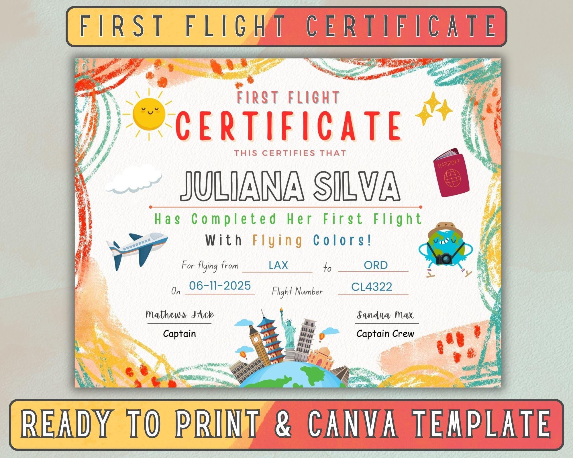 First Flight Certificate for Kids, Canva Template, First Vacation Gift ...