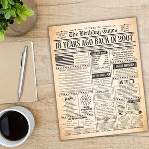 18th Birthday Newspaper Sign, in the Year 2007 Birthday Gift for Men or ...