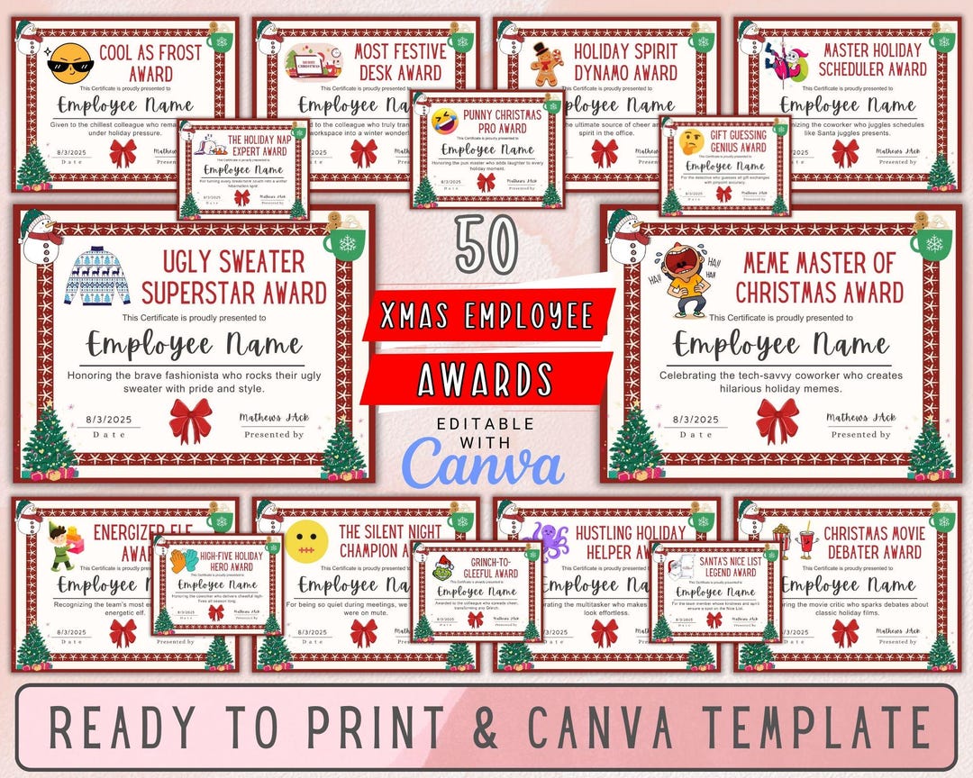 50 Funny Christmas Employee Awards Certificates, Employee Holiday Gift ...