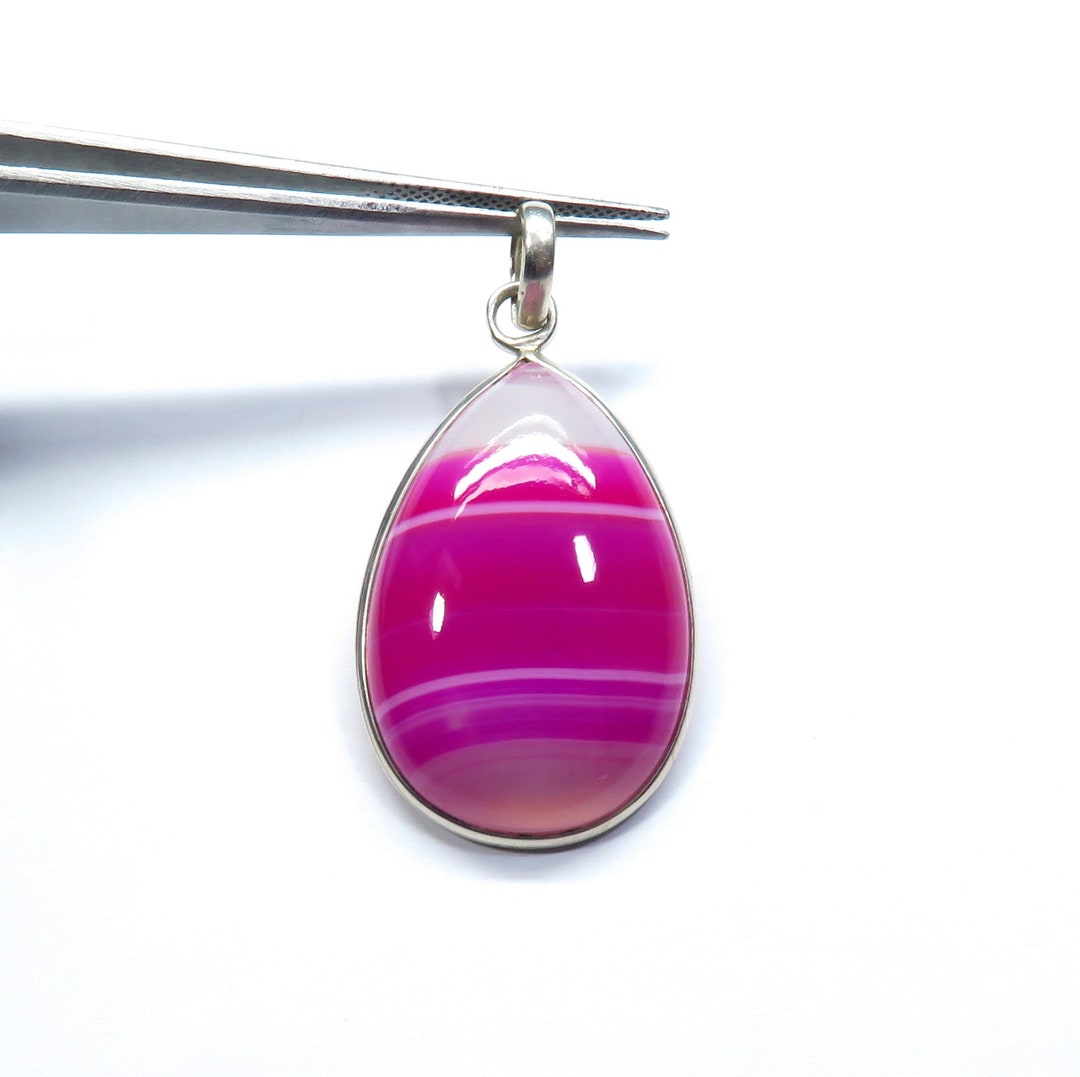 Natural Pink Banded Agate Pear Shape Cabochon 925 Sterling Silver ...