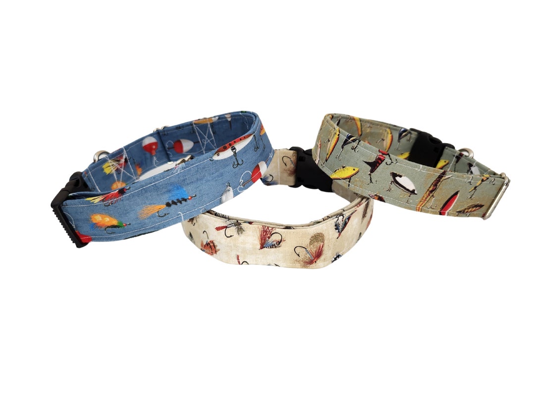 Fishing Lure Dog Collar Green Blue or Tan Small to Giant Breeds Bow or ...