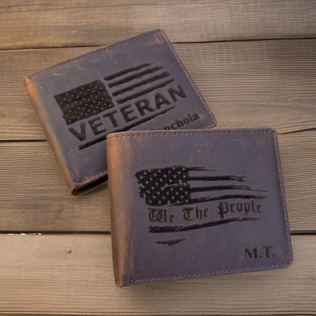 Mens Rustic Leather Flag & Veteran Wallet. Multiple Designs and ...