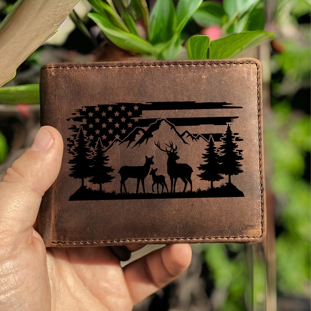 Men's Rustic Leather Wallet With Deer Hunting and Flag Design. Great ...