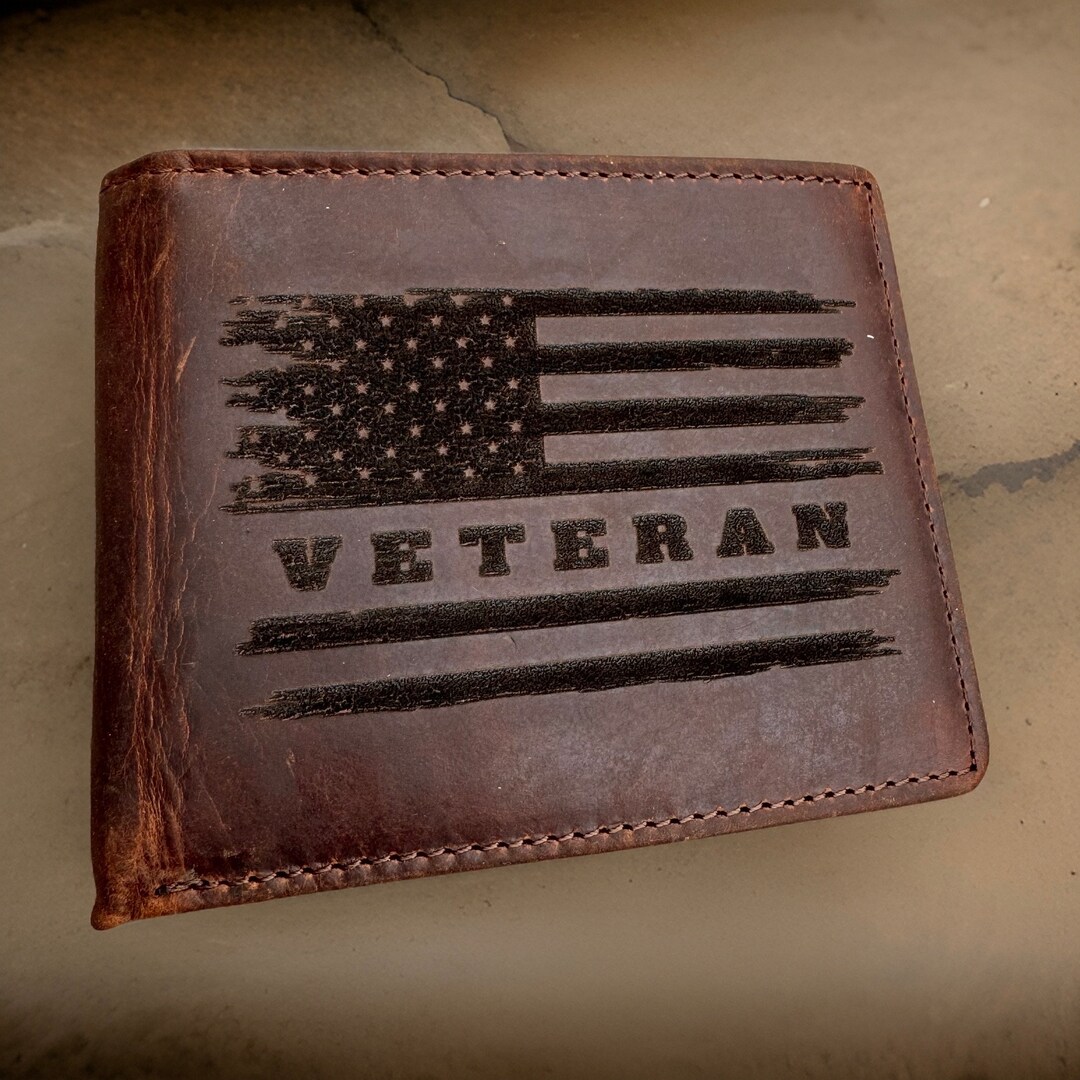 Mens Rustic Leather Flag & Veteran Wallet. Multiple Designs and ...
